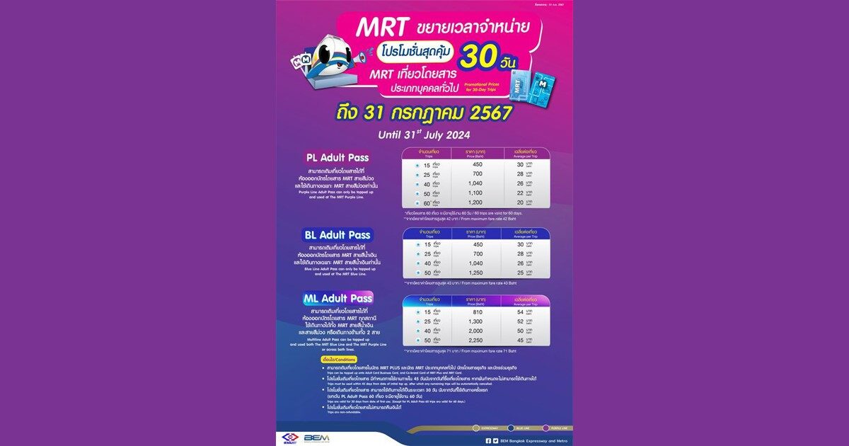 MRT ขยายโปรโมชั่นเที่ยวโดยสารรถไฟฟ้าต่อเนื่องถึงกรกฎาคม 2567