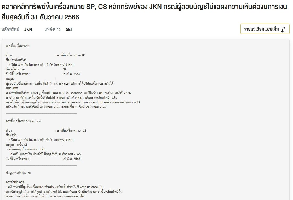 JKN โดนขึ้น SP, CS หลังแจ้งงบขาดทุน 2.15 พันล้าน ผู้สอบไม่แสดงความเห็นงบ